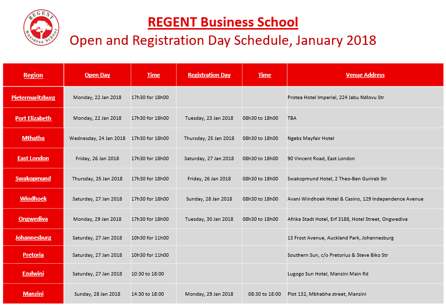 Regent Business School: Open Days and Registration Schedule - January ...